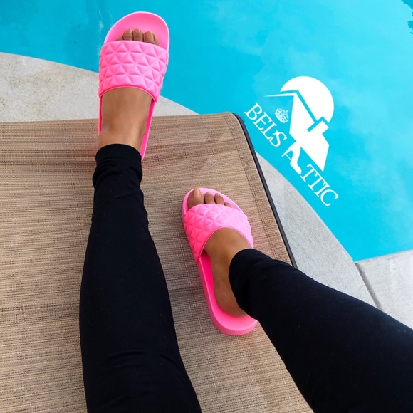 Shoes | Neon Pink Slip On Slides Sandals | Poshmark